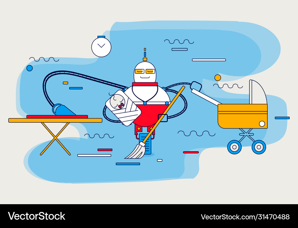 Robot multitasking color cartoon flat icon Vector Image