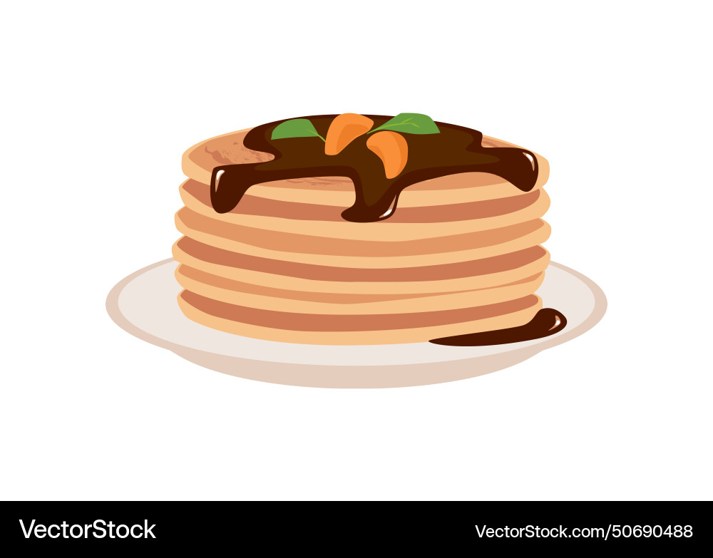 Stack of pancakes with chocolate syrup on plate Vector Image