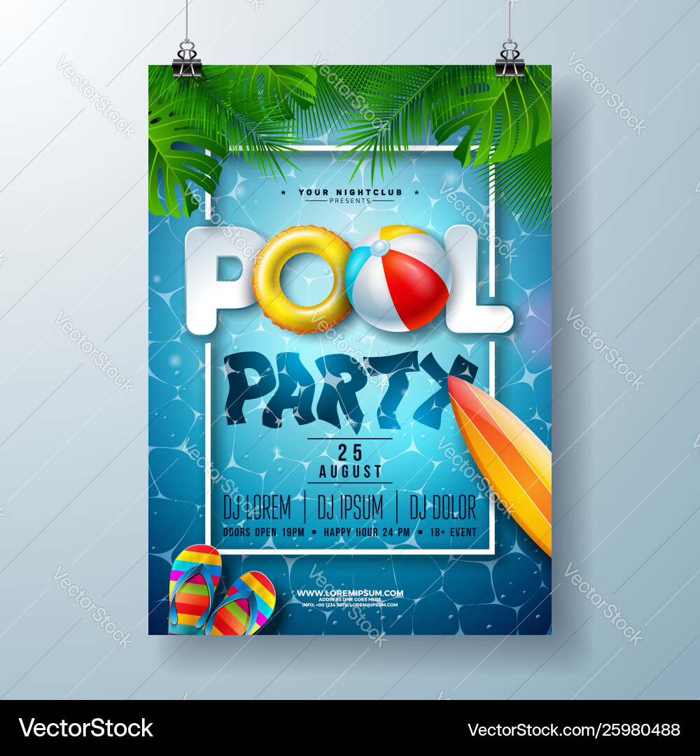 Summer pool party poster design template with palm
