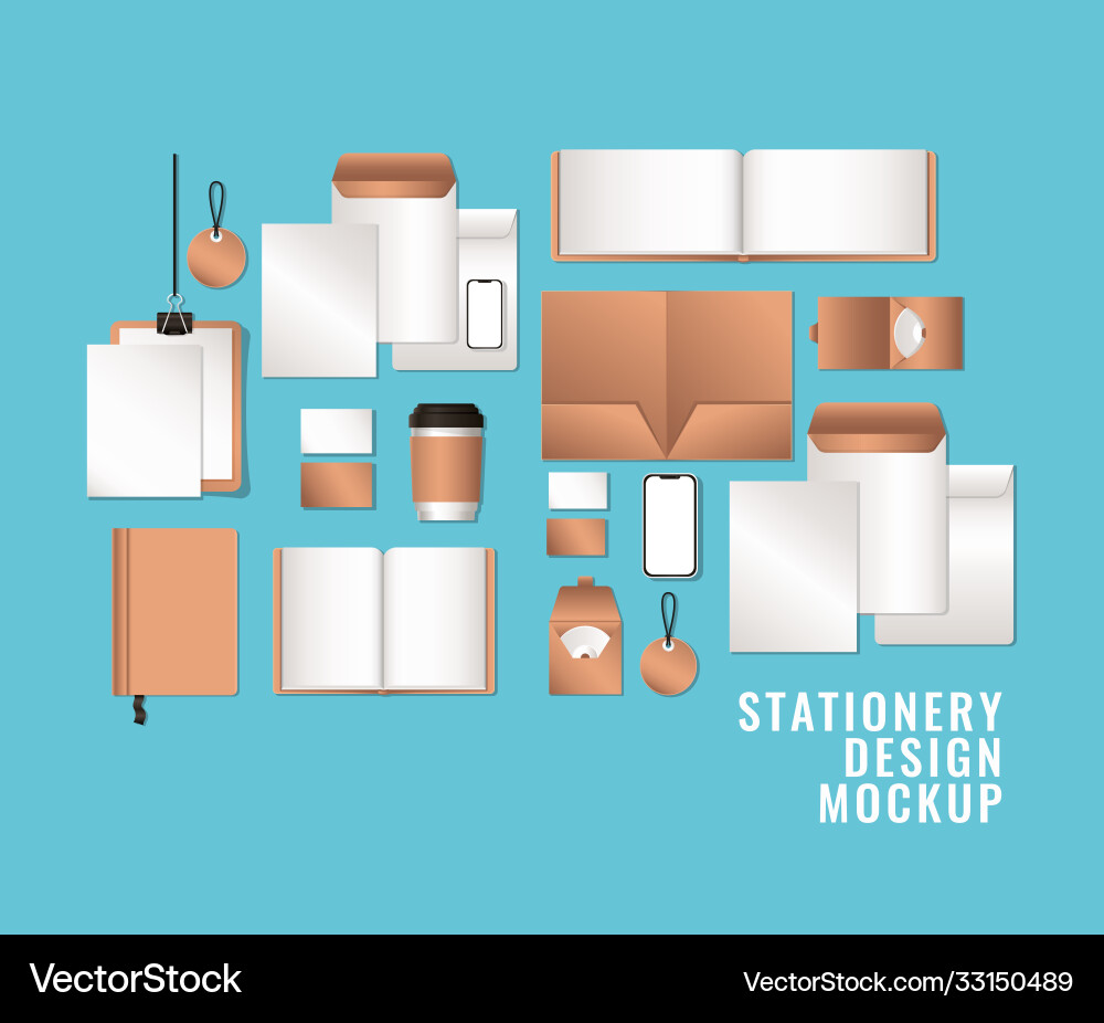File and mockup set on blue background Royalty Free Vector