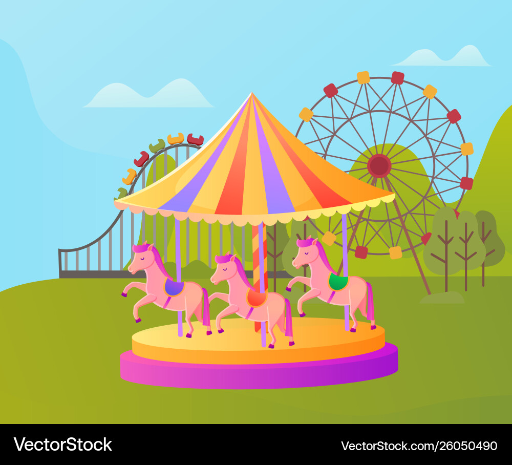 Amusement park carousel with pony entertainment Vector Image