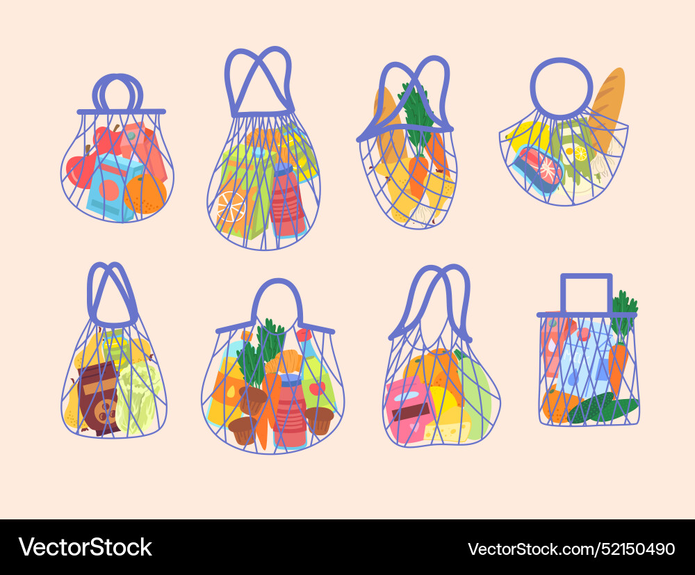 Cartoon color grocery string bag set Royalty Free Vector