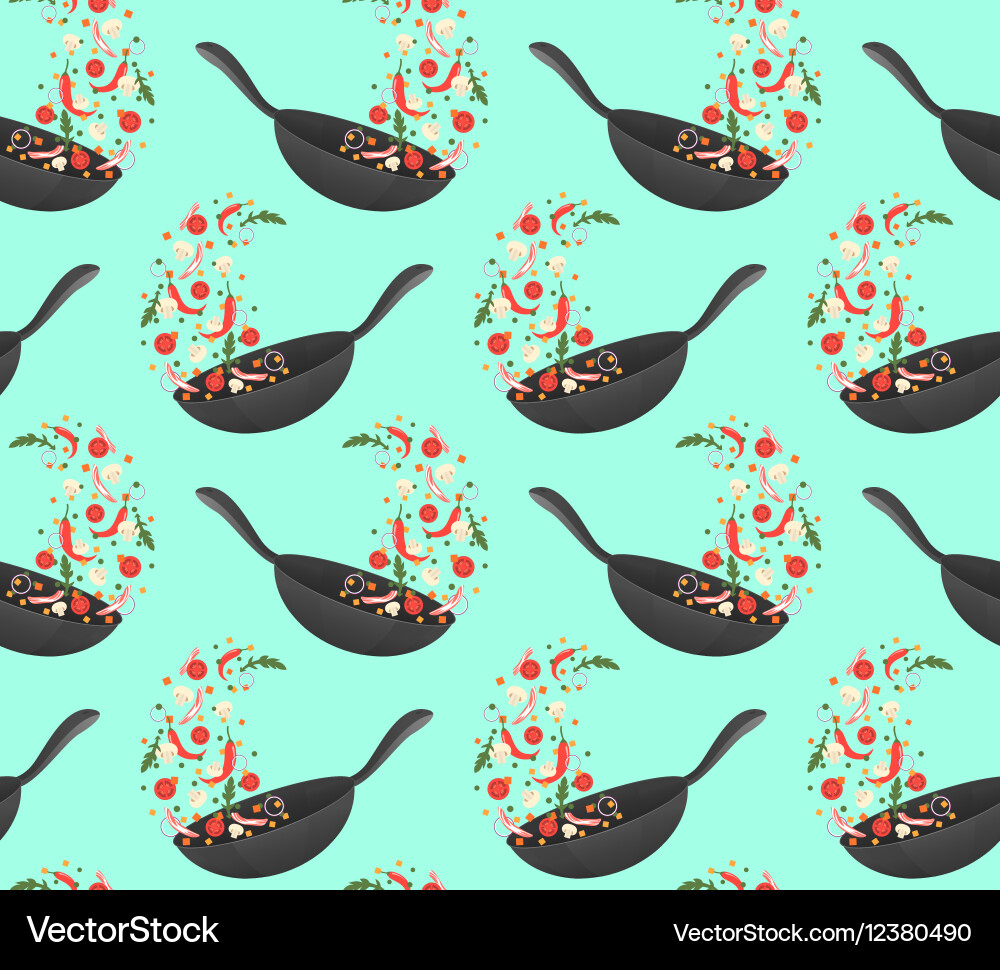 Cooking process flipping asian food in a pan Vector Image