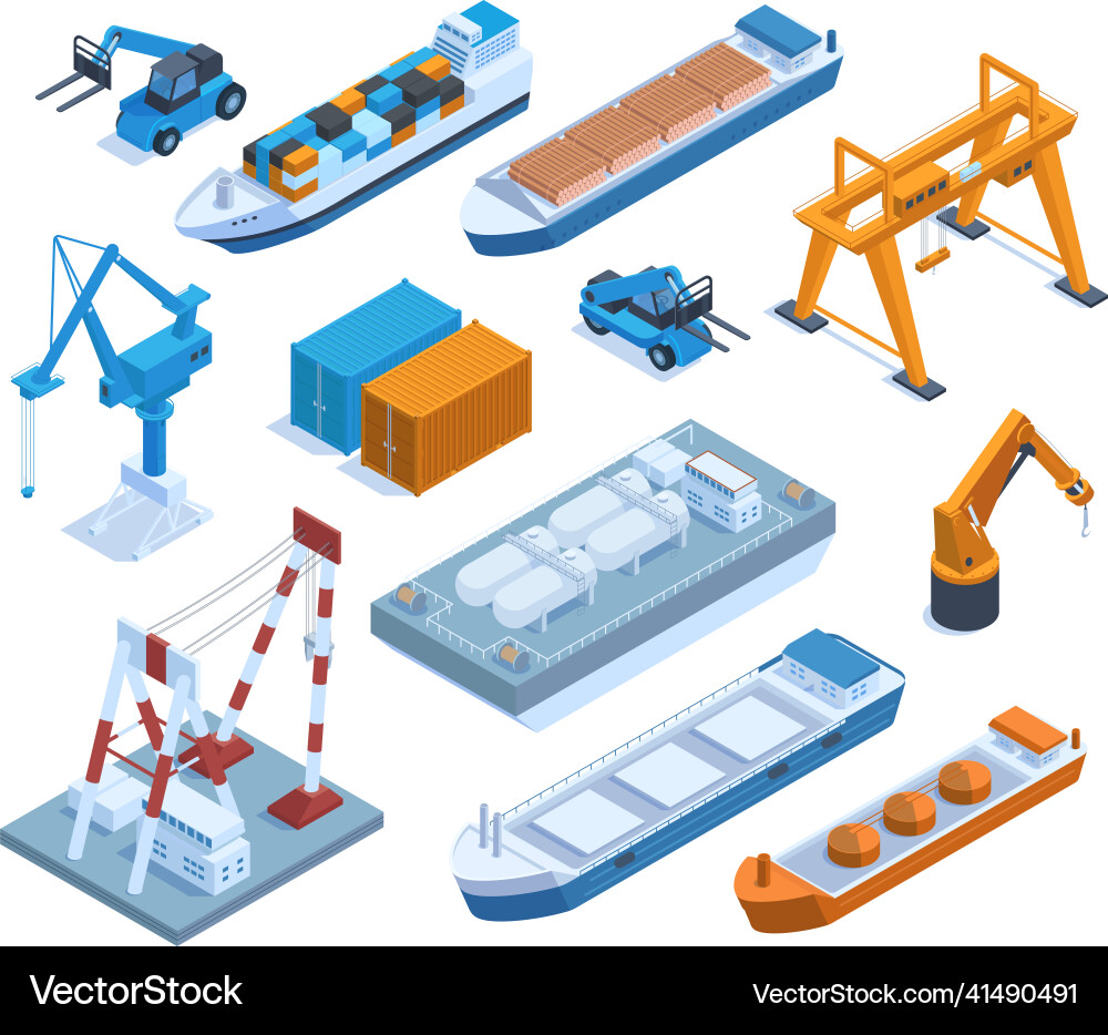 Isometric seaport elements cargo ships barges Vector Image