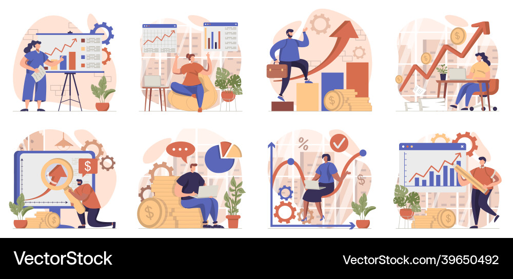 Sales performance collection of scenes isolated Vector Image