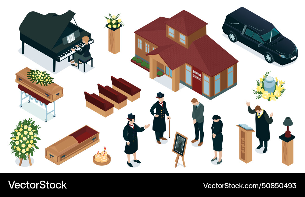 Funeral service isometric set Royalty Free Vector Image
