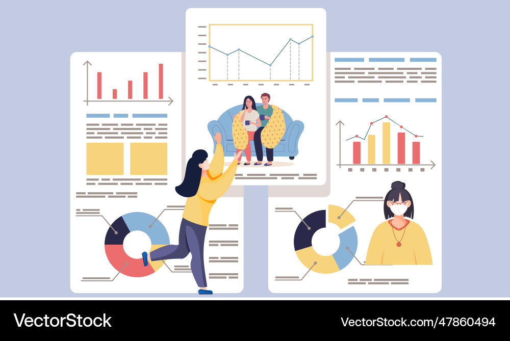 Woman points to poster on background statistics Vector Image
