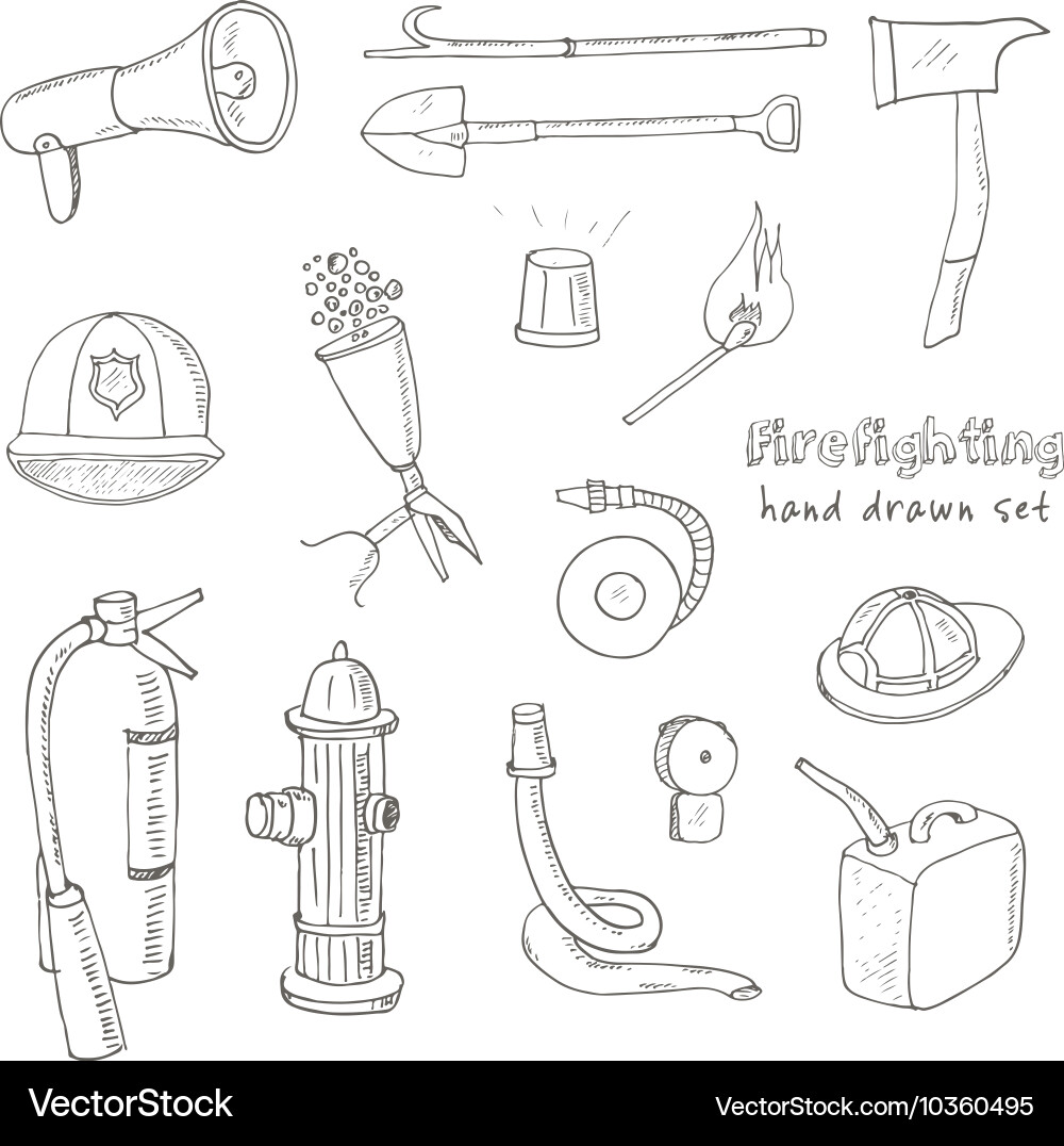 Doodle fire fighting tools set vintage Royalty Free Vector