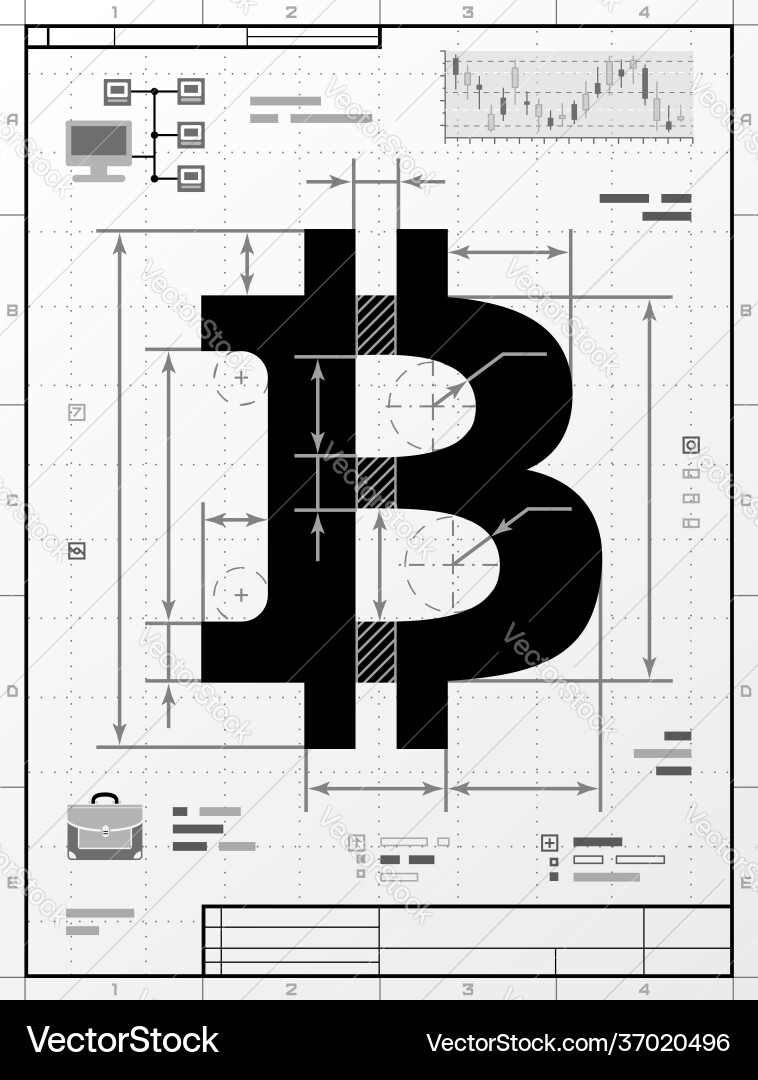 Bitcoin symbol as technical drawing Royalty Free Vector
