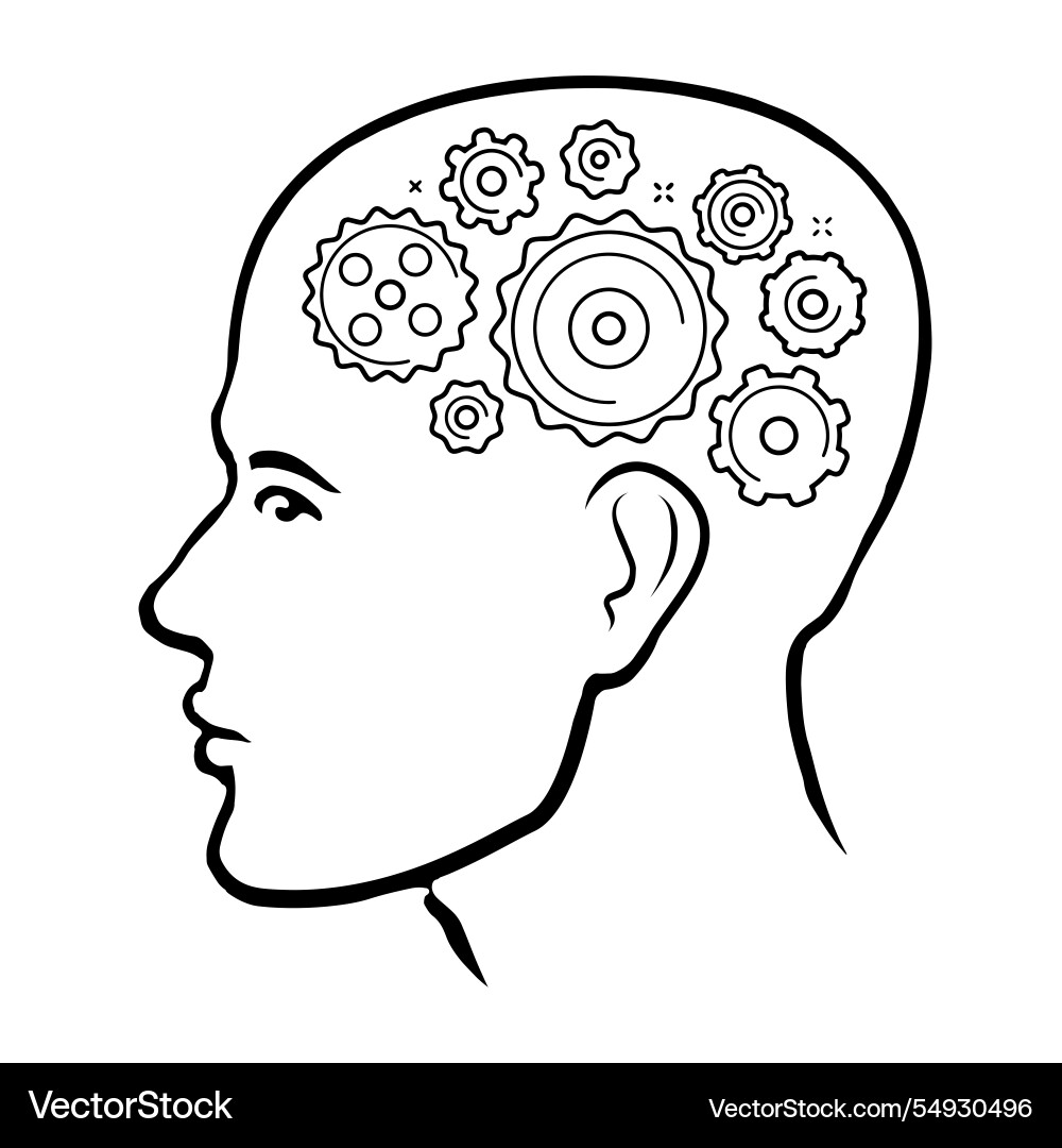 Human head with gears and cogwheels brain thinks Vector Image