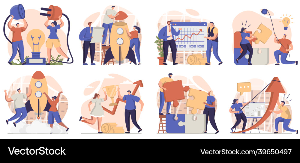 Teamwork collection of scenes isolated Royalty Free Vector