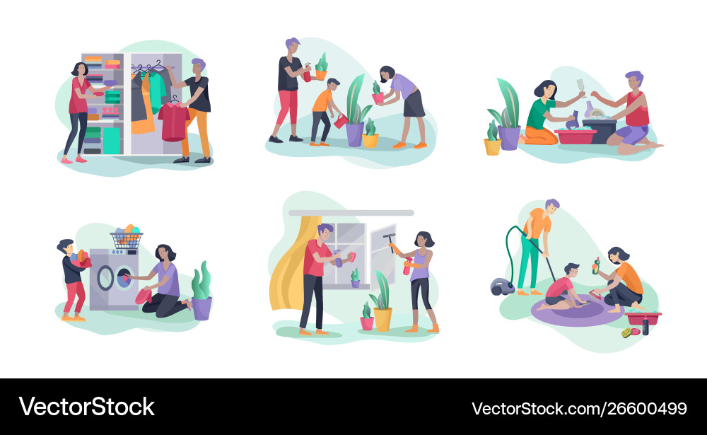 Scenes with family doing housework kids helping Vector Image
