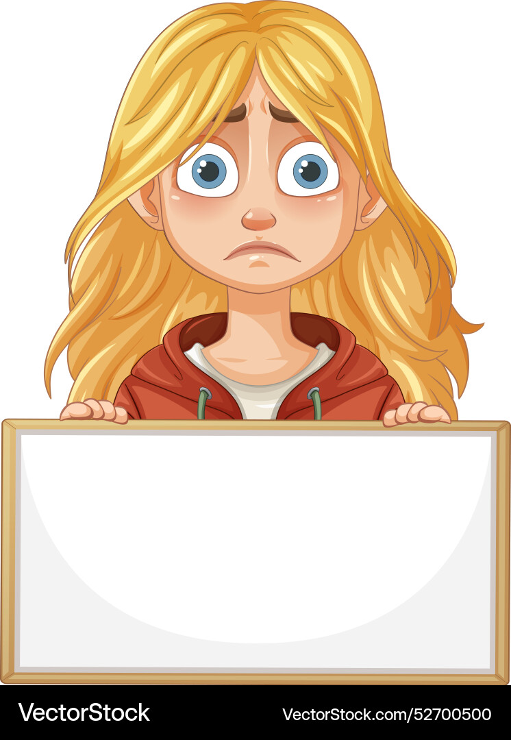 Blonde girl with sad expression holding sign Vector Image