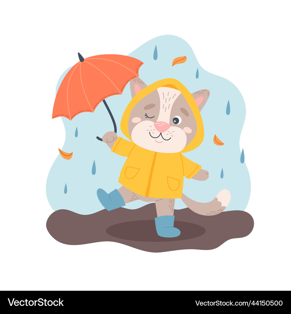 Cat with umbrella under the rain autumn character Vector Image