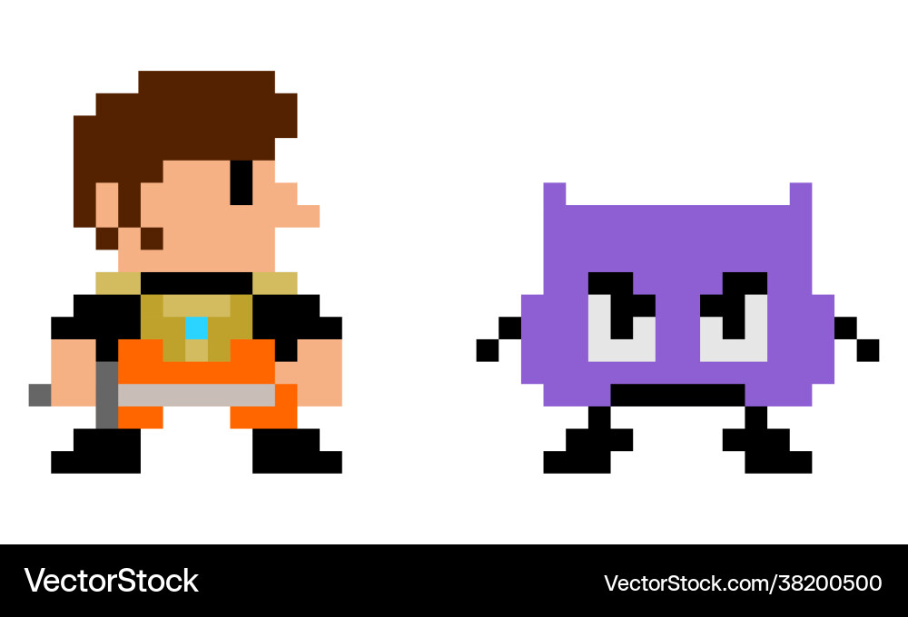 Pixel hero and enemy character for 8 bit games Vector Image