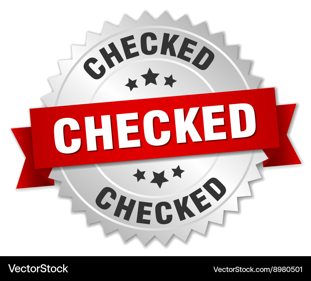 Checked 3d silver badge with red ribbon Royalty Free Vector