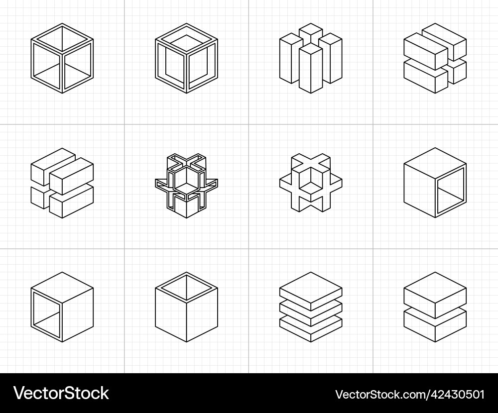 Geometric cube icons collection in outline style Vector Image