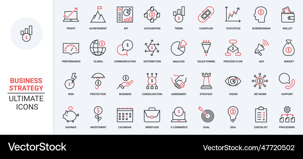Business strategy red black thin line icons set Vector Image