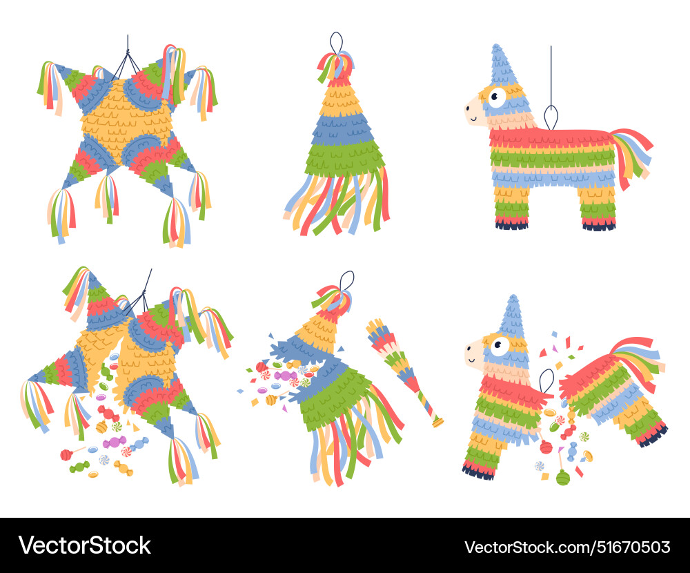 Broken and whole pinatas mexican traditional Vector Image