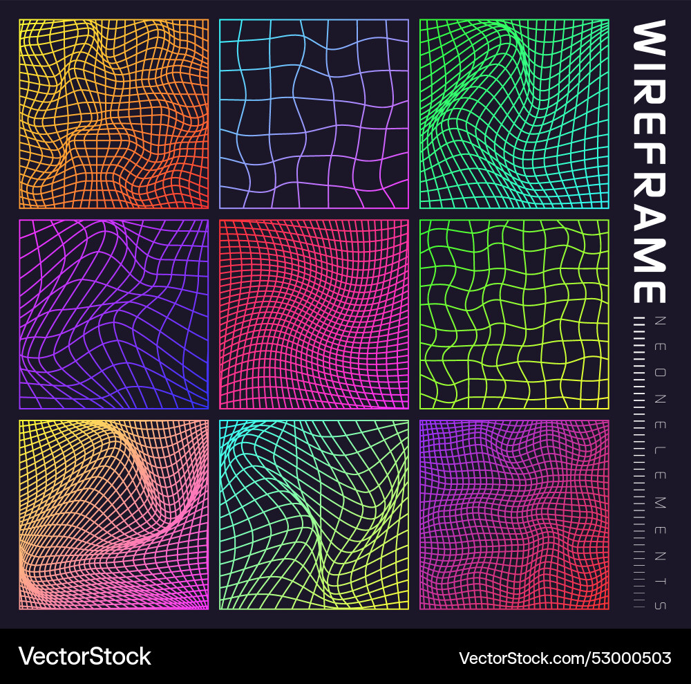 Colorful wireframe shapes lined perspective mesh Vector Image