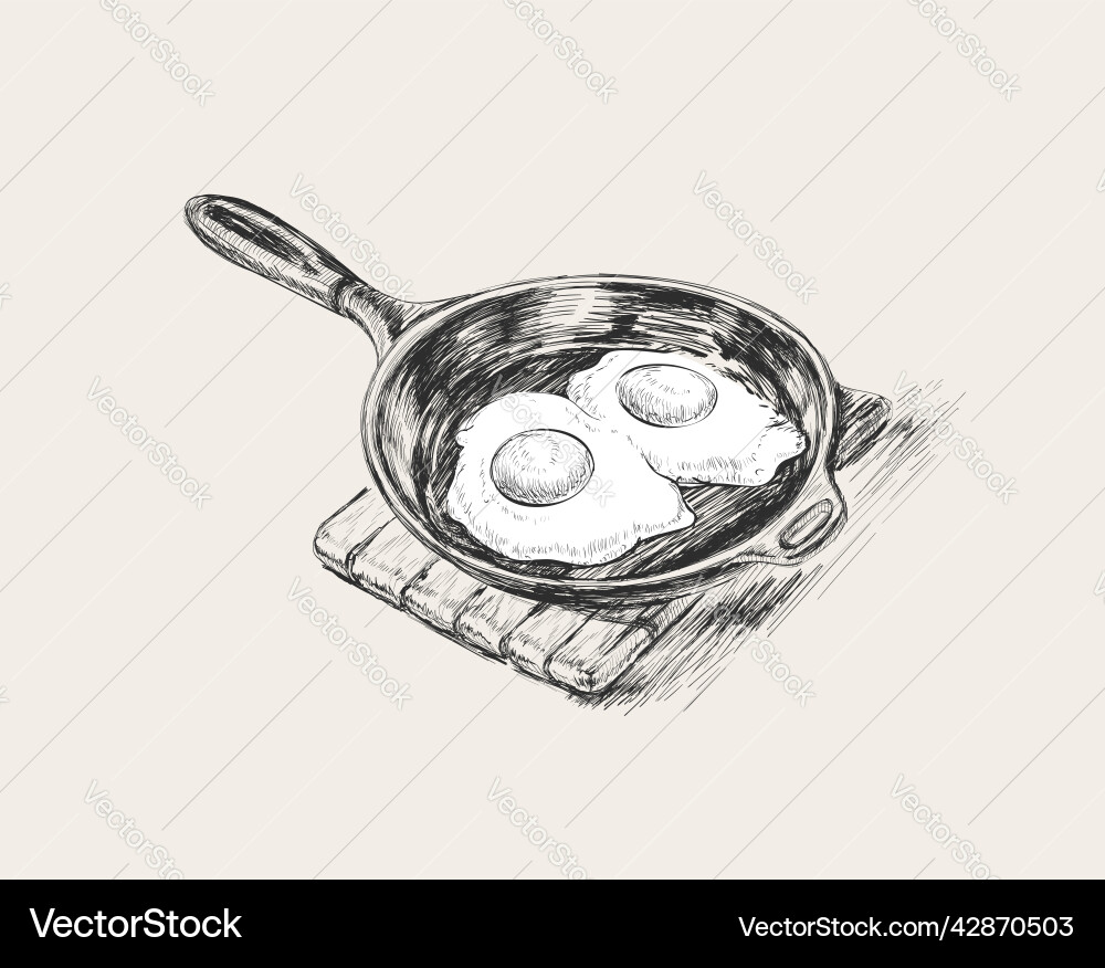 Eggs frying pan egg breakfast hand drawn sketch Vector Image