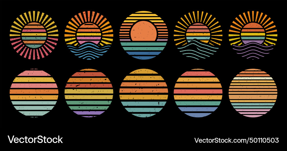 Retro Sunset Circle Badges Royalty Free Vector Image