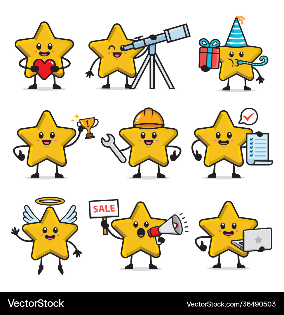 Set yellow star character design Royalty Free Vector Image