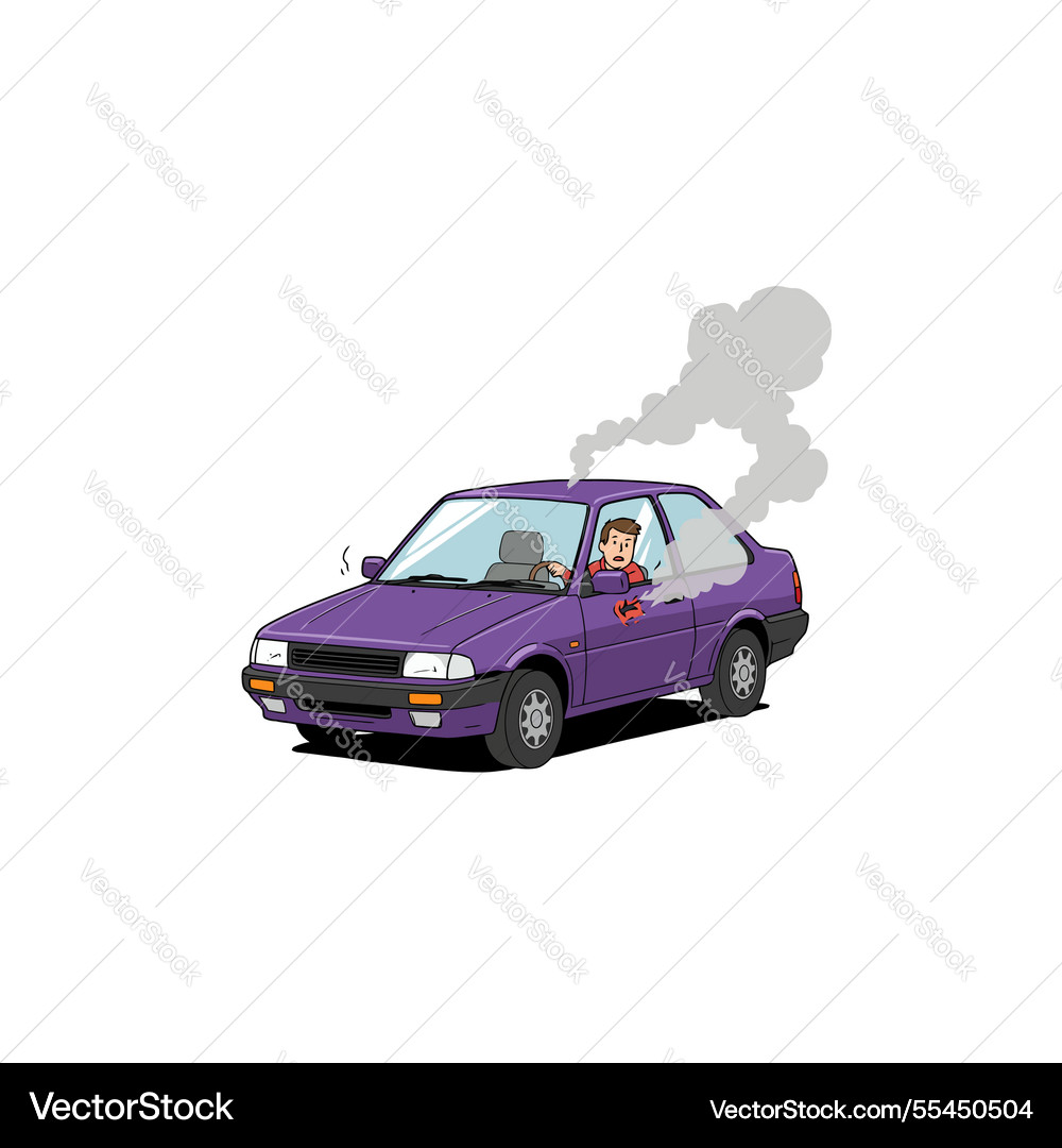 Cartoon car breakdown with smoke and driver Vector Image