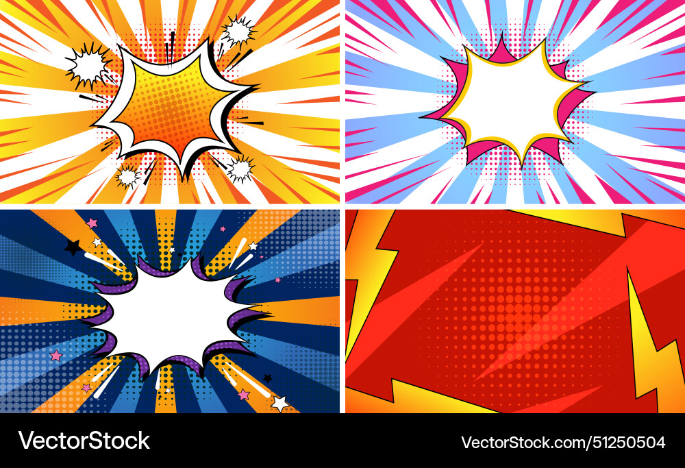 Four vibrant comic book style explosion panels Vector Image