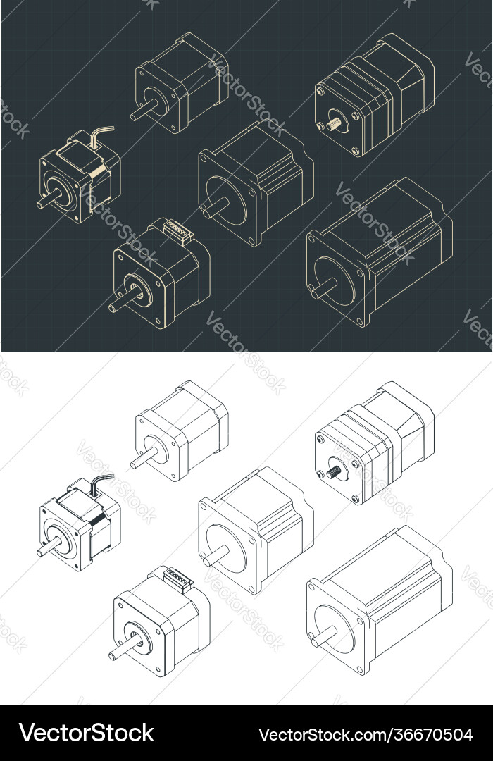 Stepper motors isometric drawing set Royalty Free Vector