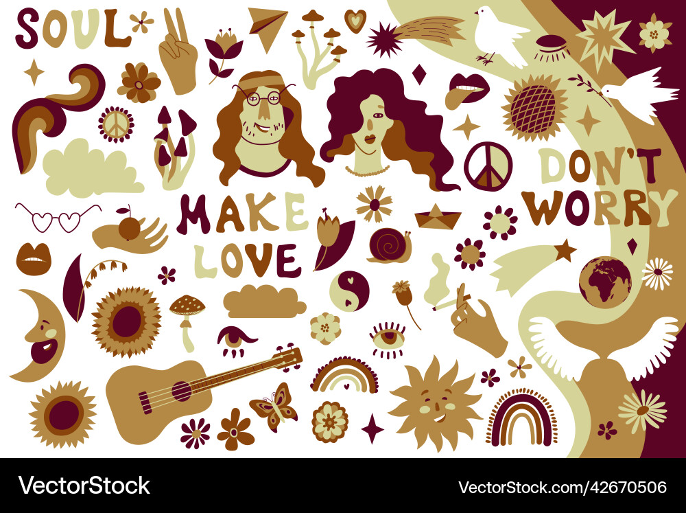 Colorful set of hippie objects Royalty Free Vector Image