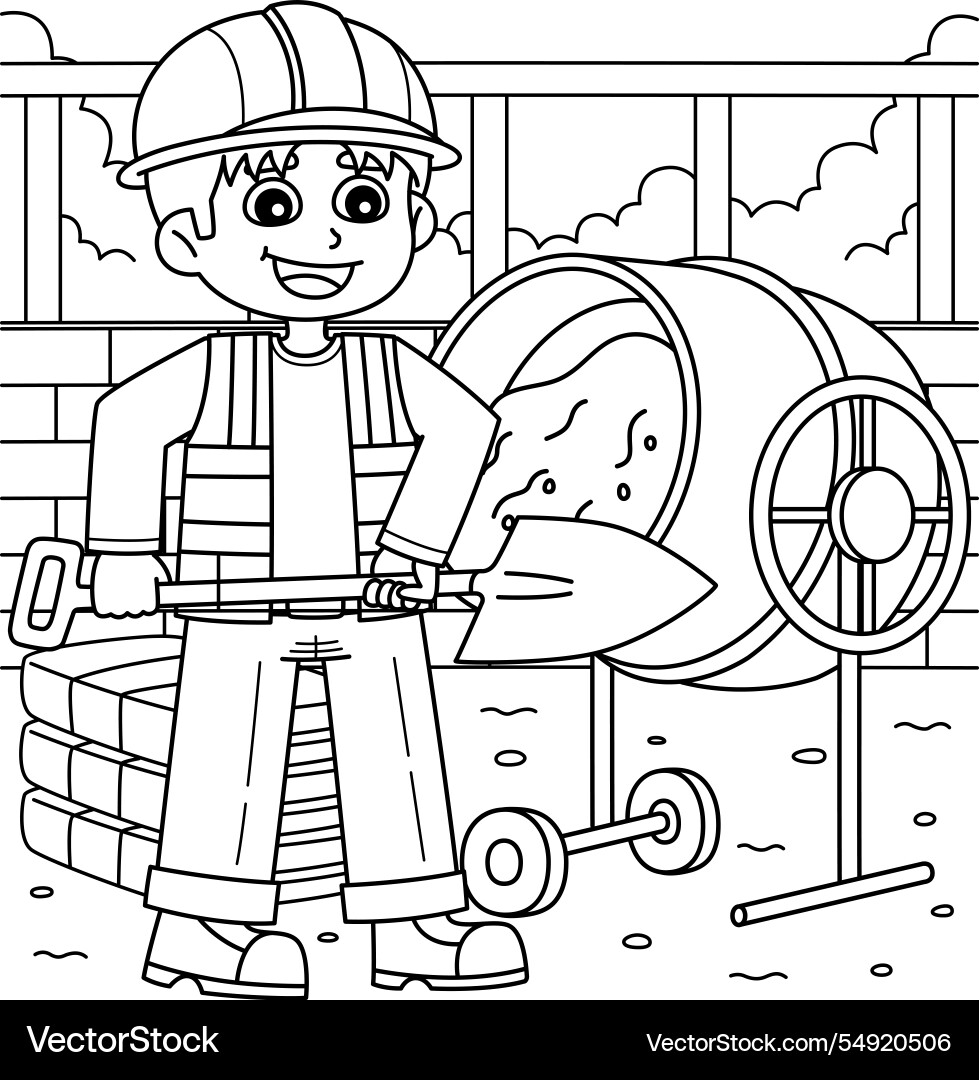 Construction worker mixing cement coloring page Vector Image