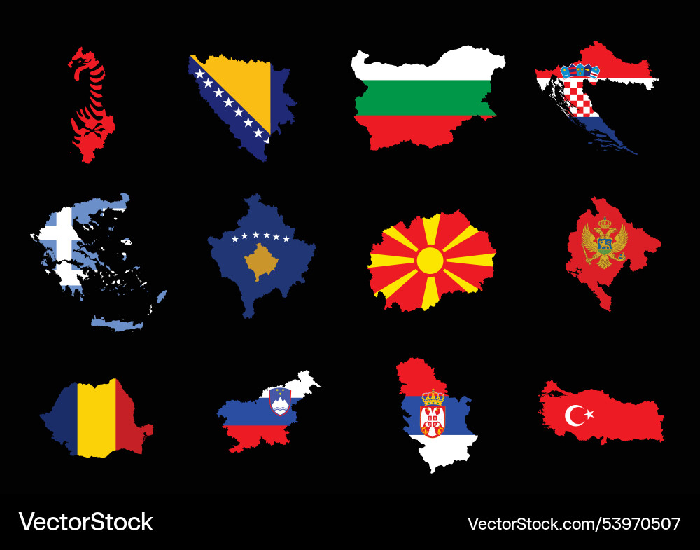 Balkan territory states map flags silhouette Vector Image