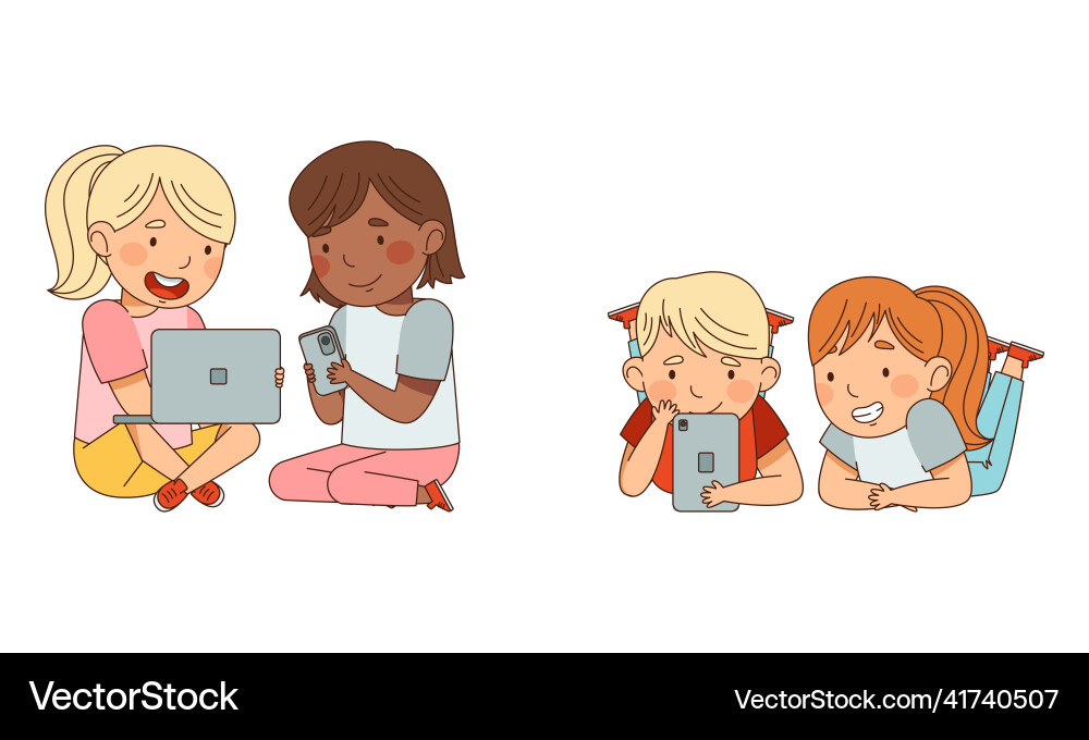 Cute kids using gadgets set boy and girl playing Vector Image