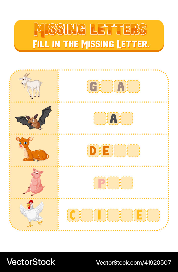 Fill the missing letter of each word worksheet Vector Image