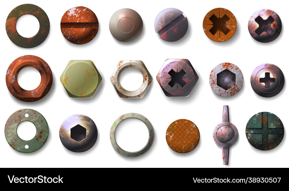 Realistic old rusty screw and bolt heads top view Vector Image