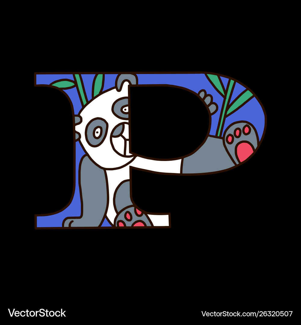 Serif alphabet letter p with doodle panda Vector Image