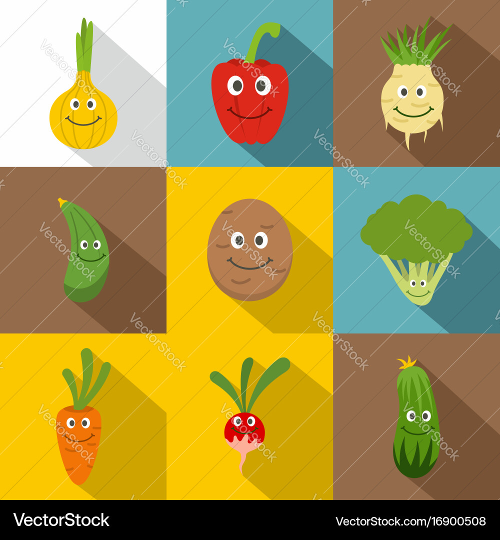 Happy smiling vegetables icons set flat style Vector Image