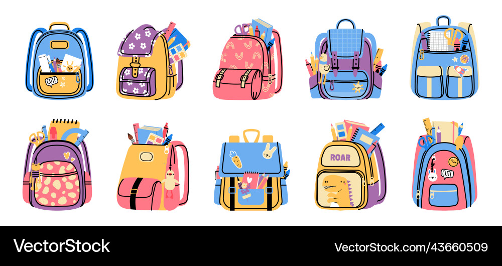 Bags with school supplies cartoon elementary Vector Image