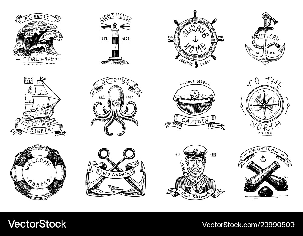Marine and nautical emblems set engraved Vector Image