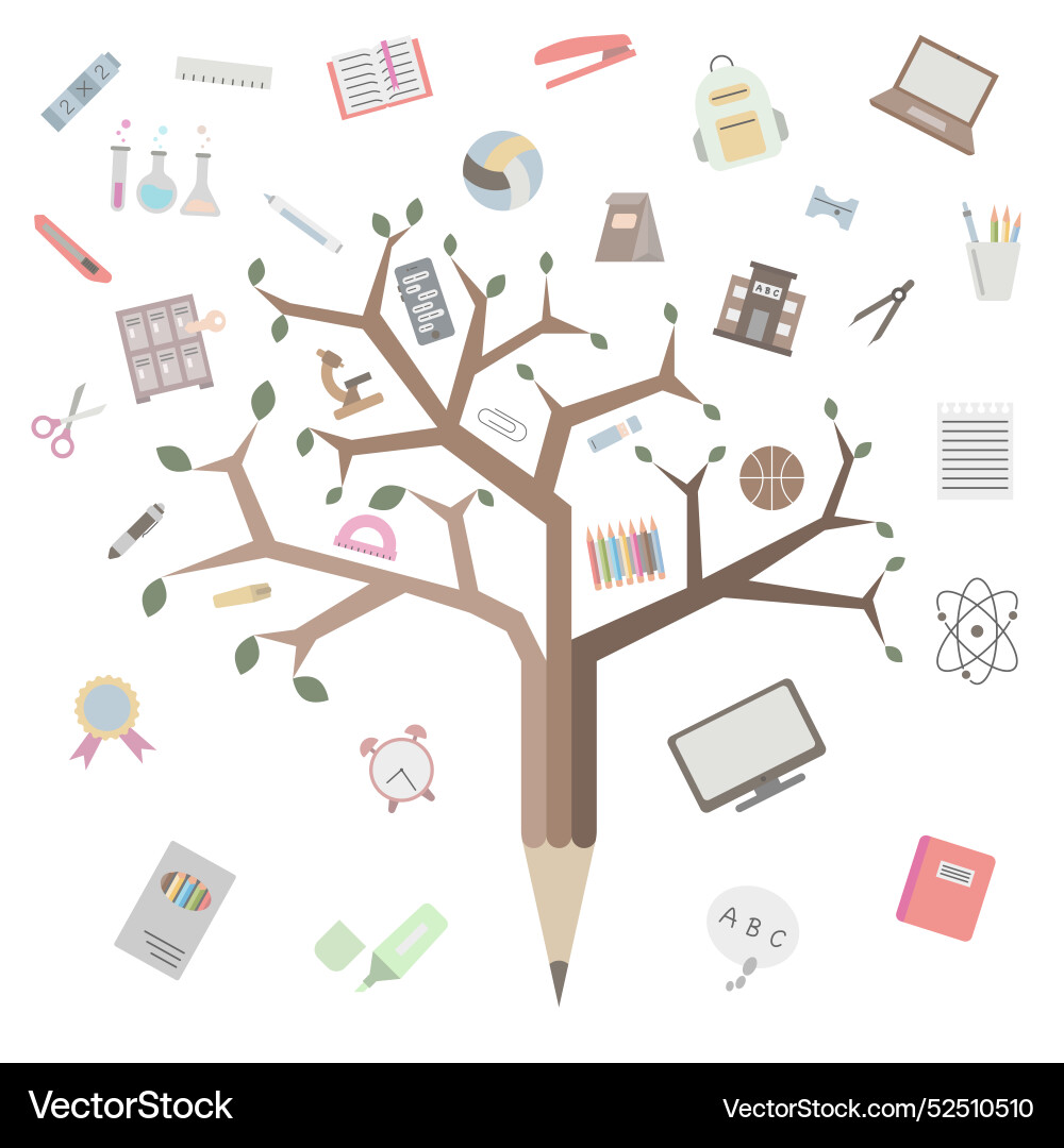 Collection of school icons complete colored tree Vector Image