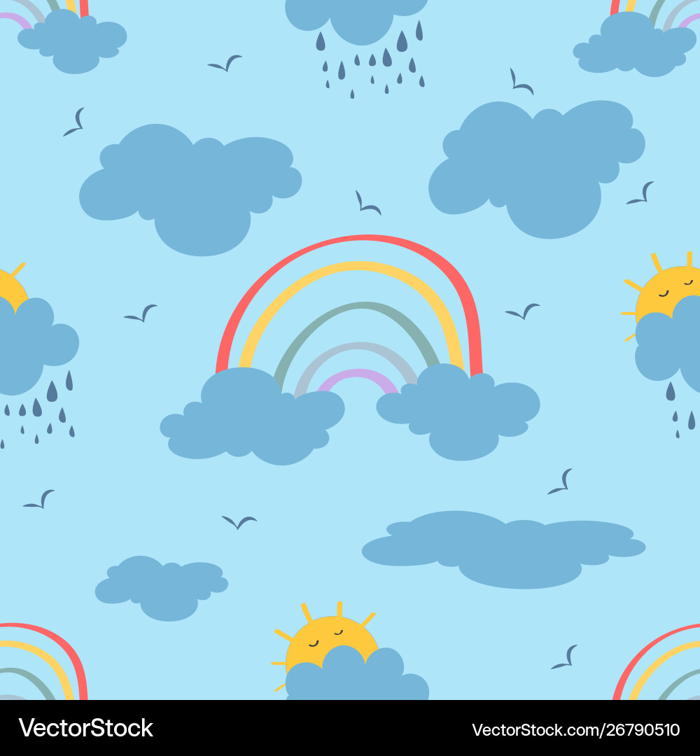 Cute clouds sun rainbow style cartoon Royalty Free Vector