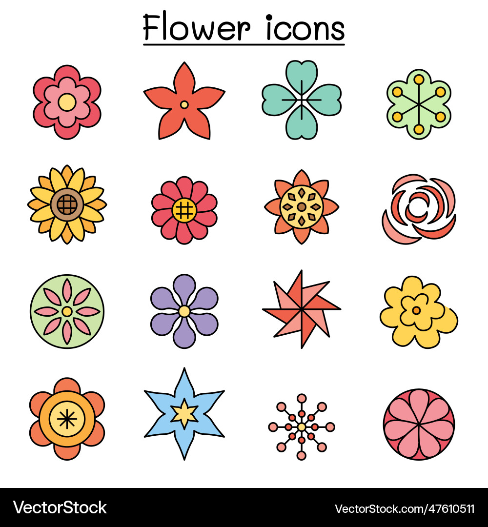 Flower floral color line icon set Royalty Free Vector Image