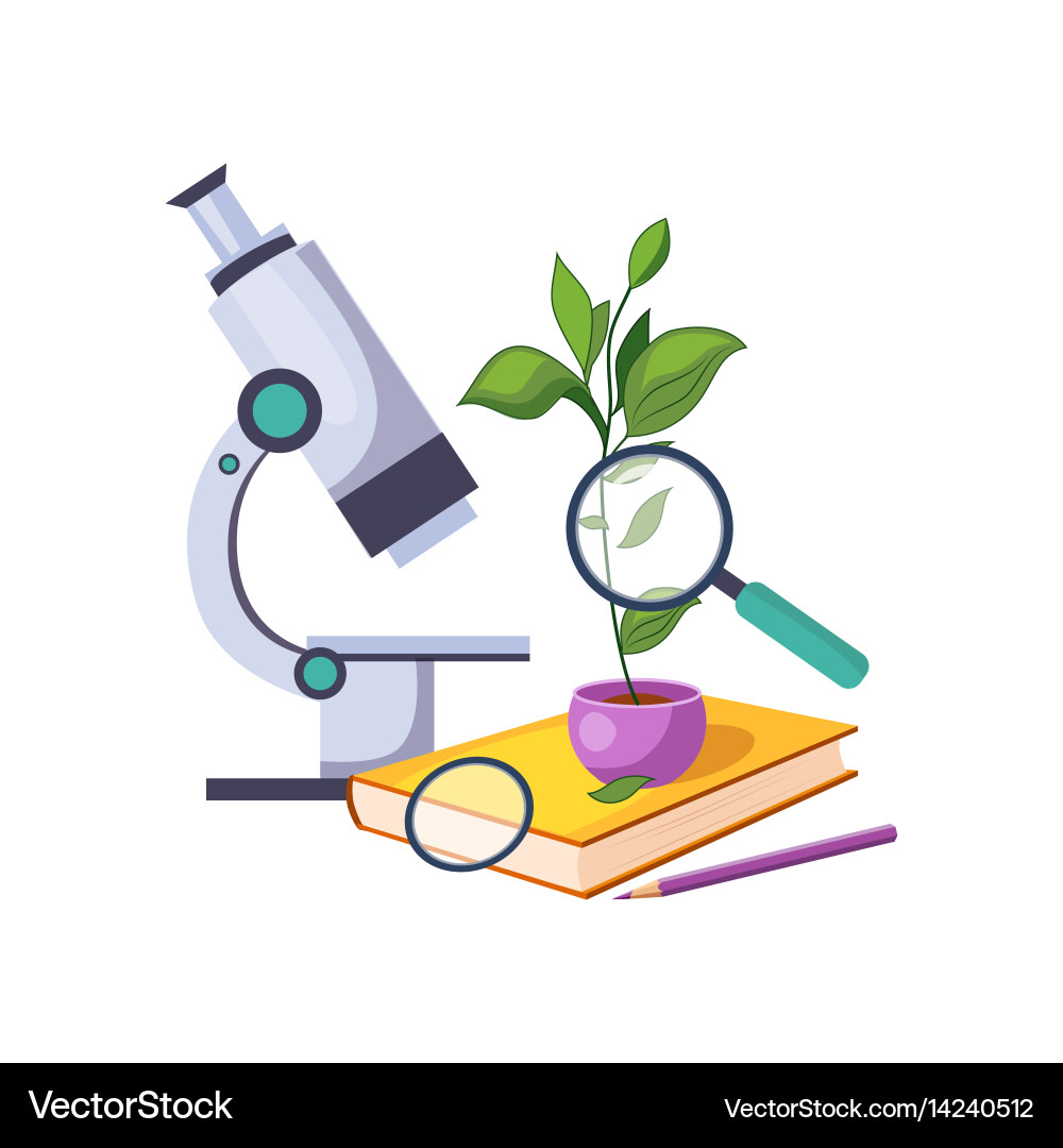 Botany kit with microscope and plant in pot set Vector Image