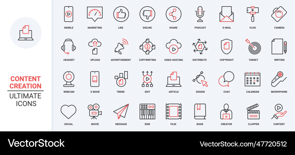 Content creation red black thin line trendy icons Vector Image