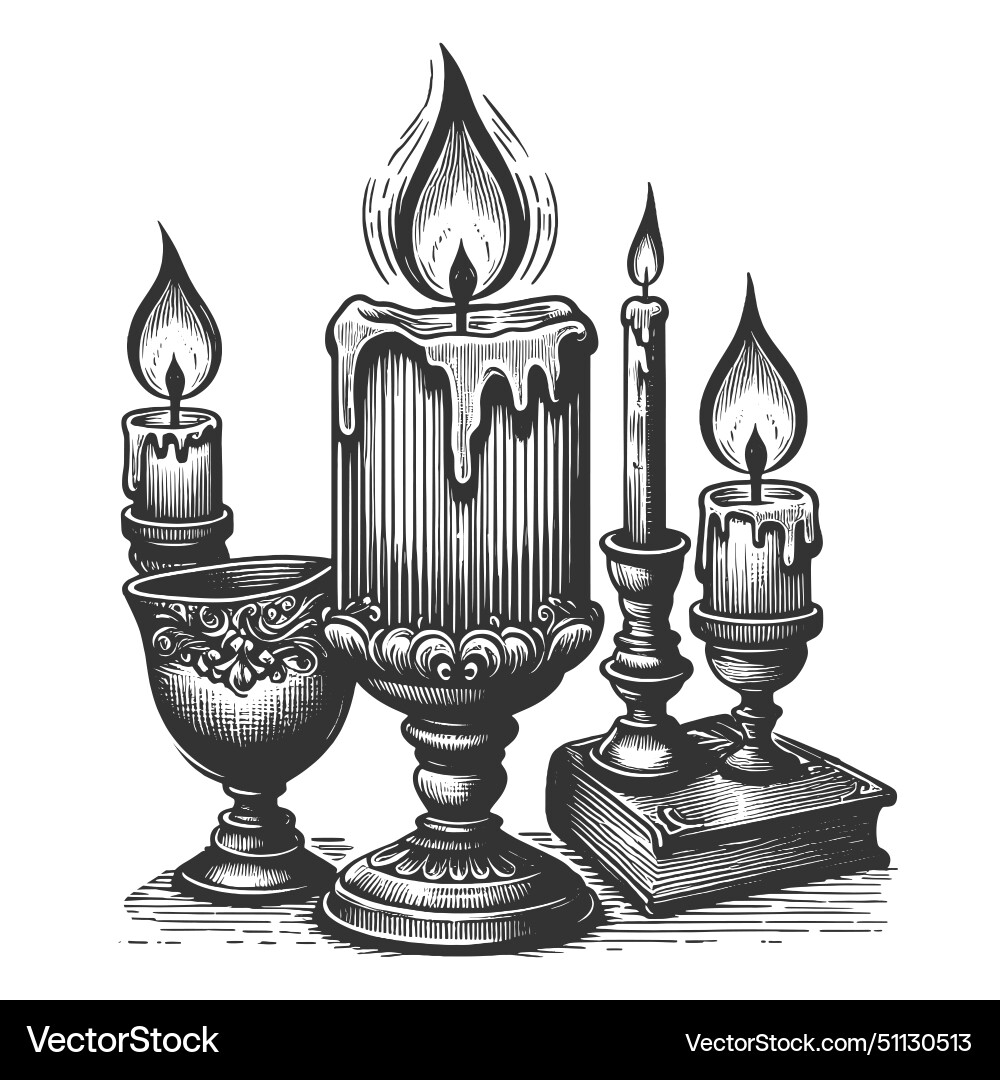 Candlesticks with burning candles engraving Vector Image