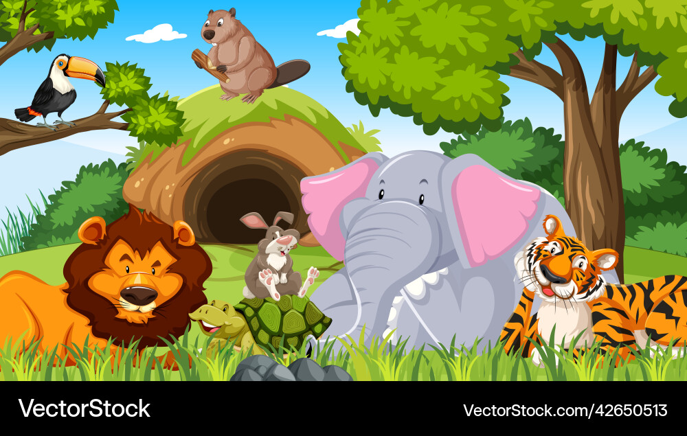 Wildtiere Karikaturzeichen im Wald Lizenzfreies Vektorbild