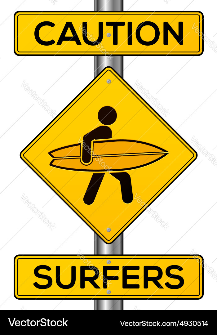 Caution surfers yellow road sign Royalty Free Vector Image
