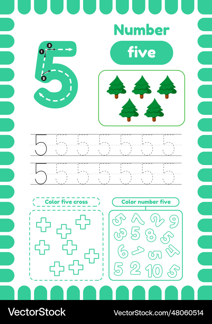 Number Five Preschool Worksheet Royalty Free Vector Image