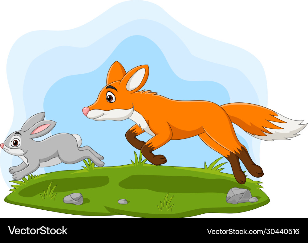 Cartoon rabbit chased fox in forest Royalty Free Vector